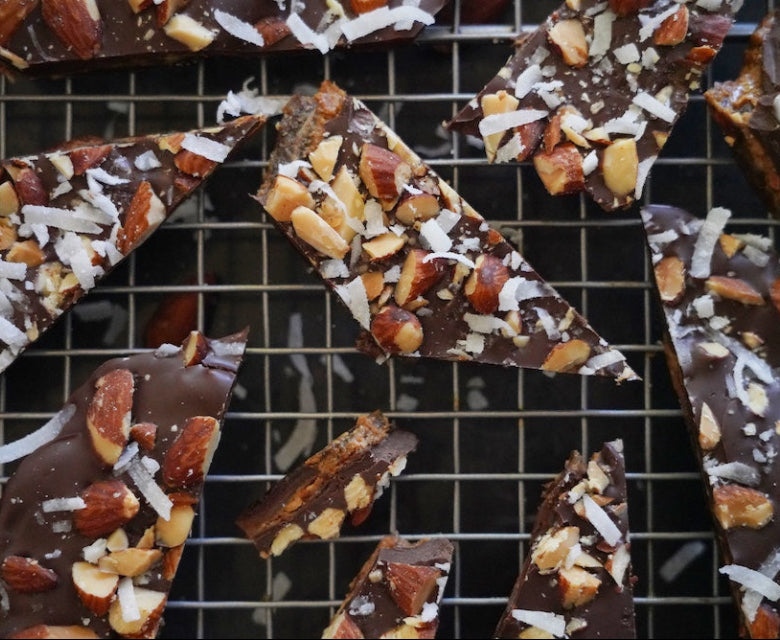 Dark Chocolate Date Bark with Almonds and Coconut Flakes – Sweet July